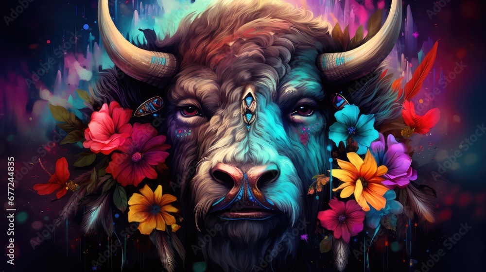 a painting of a bison with flowers around it's neck and a blue bull's ...