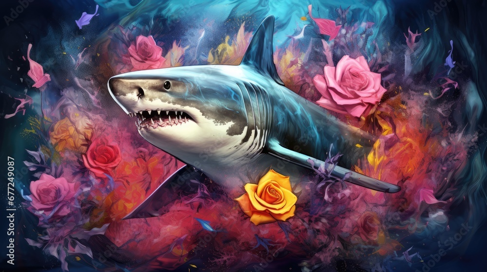 a painting of a great white shark with a rose in it's mouth and a rose ...