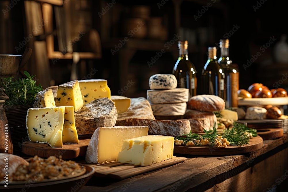 Private cheese shop. Many different types of cheese. Circles, halves ...