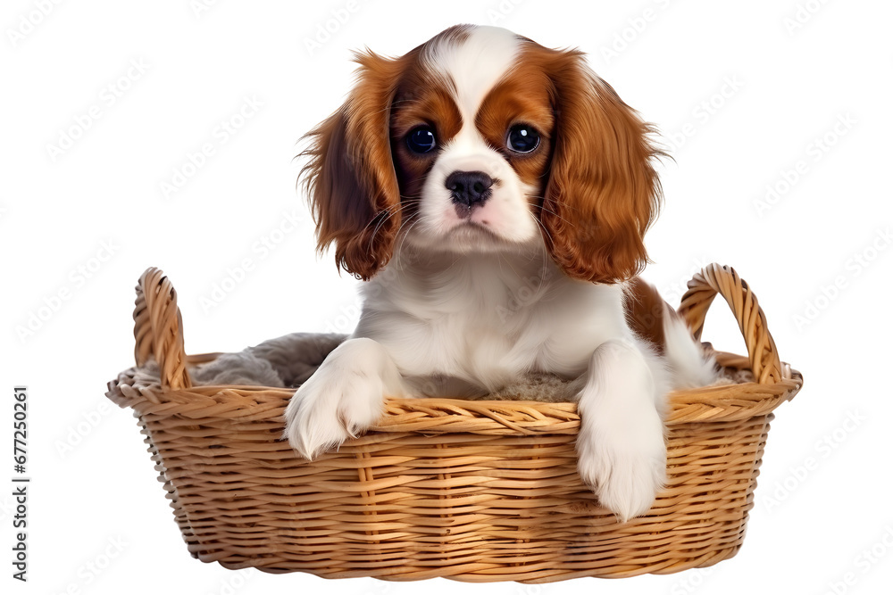 Cavalier King Charles Spaniel Dog in a Basket Full Body Isolated ...