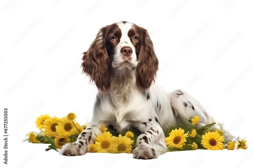 English Springer Spaniel Dog with Flowers Full Body Isolated ...