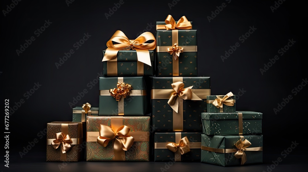 a stack of green and gold wrapped presents with gold ribbons and bows ...