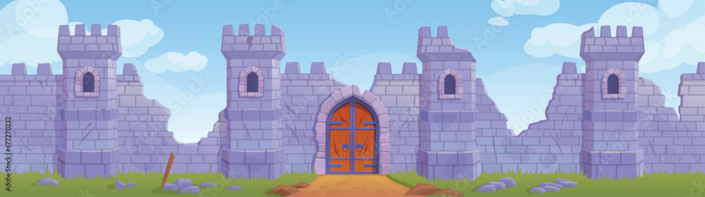 Vetor de Broken castle. Abandoned fortress after war battlefield ...