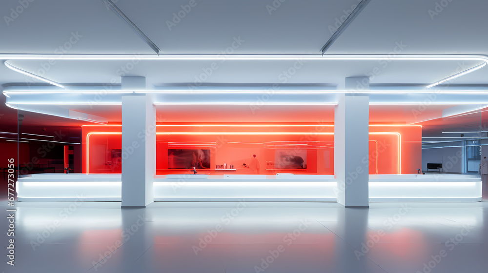 LED, neon glass tubes fixed on white wall, studio product booth scene ...