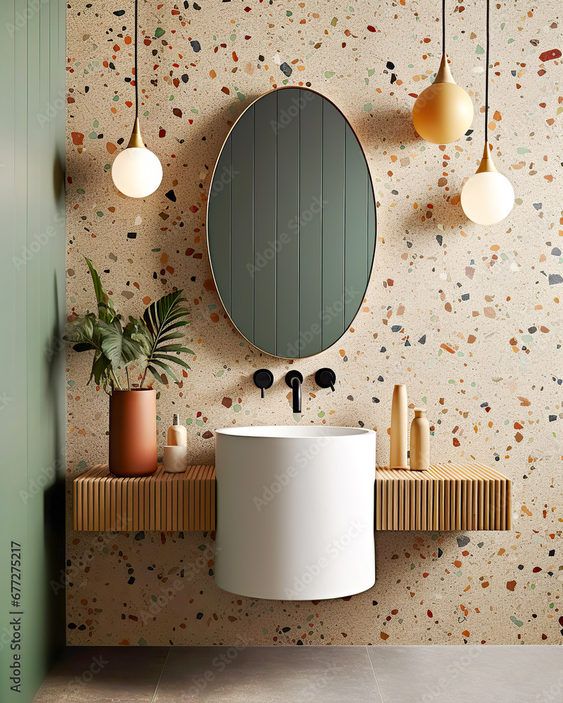 Cylinder white sink and wooden counter mounted on beige terrazzo wall ...