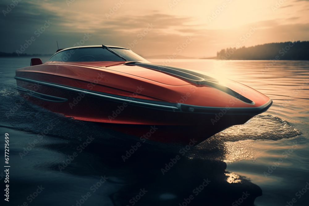 Glide through the waves in style with a red, classy speedboat, a ...