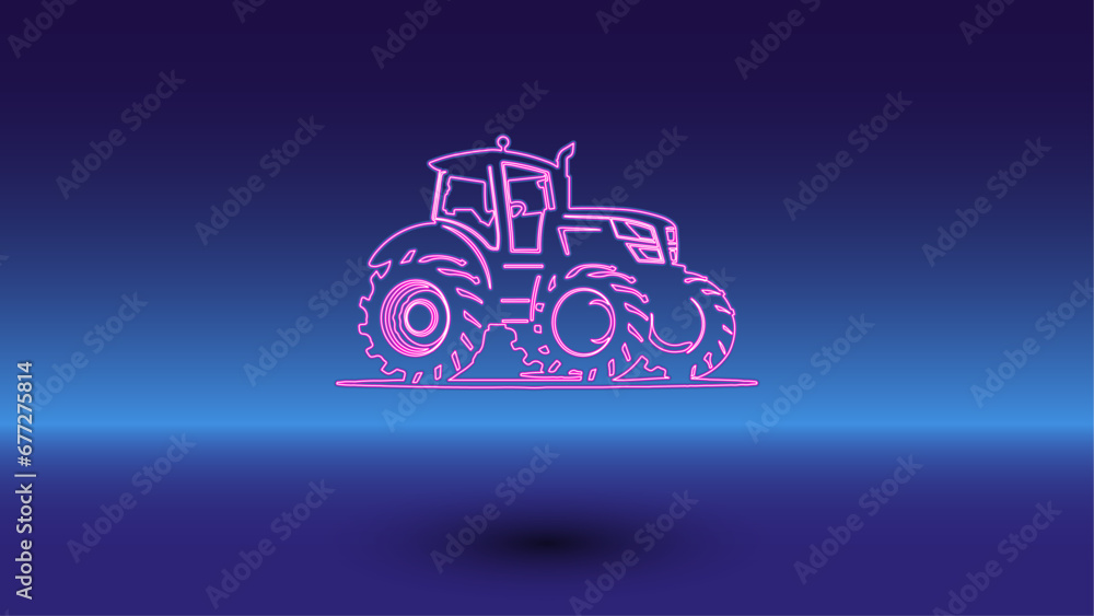 Neon tractor symbol on a gradient blue background. The isolated symbol ...