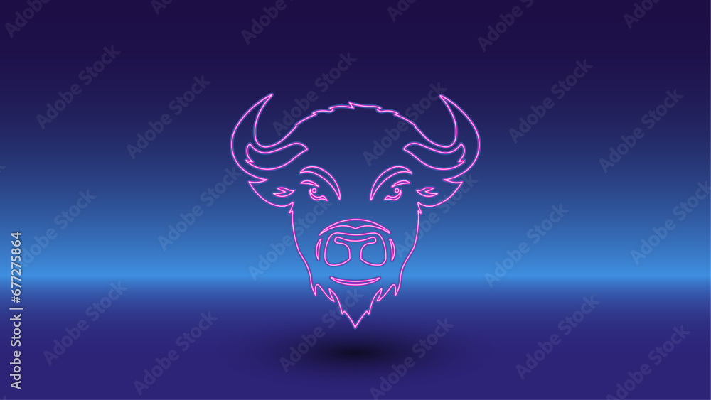 Neon buffalo symbol on a gradient blue background. The isolated symbol ...