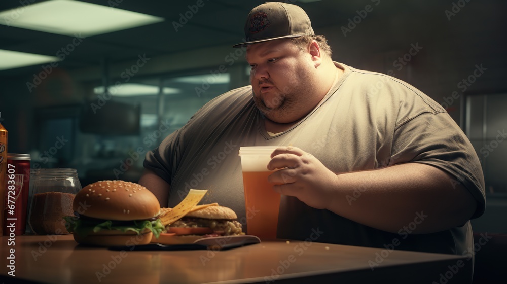 Fat man eat food. Exaggerated presentation of a greedy fat man eating ...