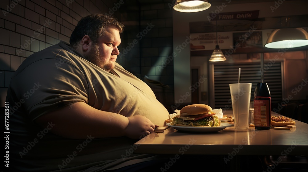 Fat man eat food. Exaggerated presentation of a greedy fat man eating ...