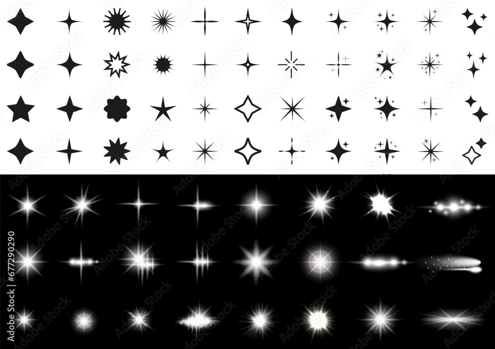 Stars set icons, different sparkle star shapes icon collection, shine ...