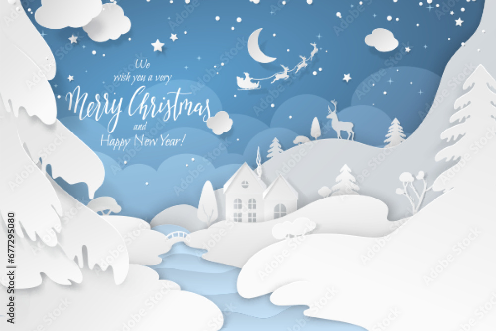 Paper cut-out winter scene with fir trees, cozy houses by a river ...
