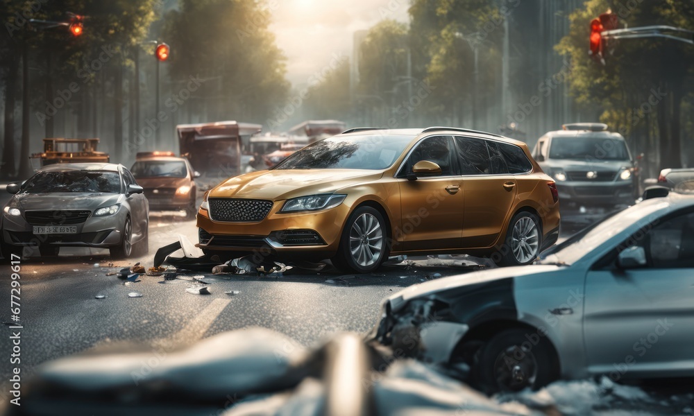 On the car crash traffic accident scene. Multiple car crash each other ...