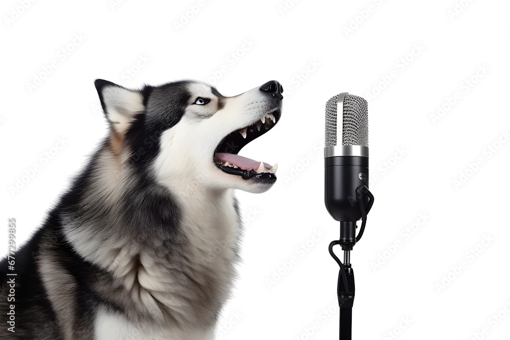 Siberian Husky dog with a microphone singing karaoke, on transparent ...