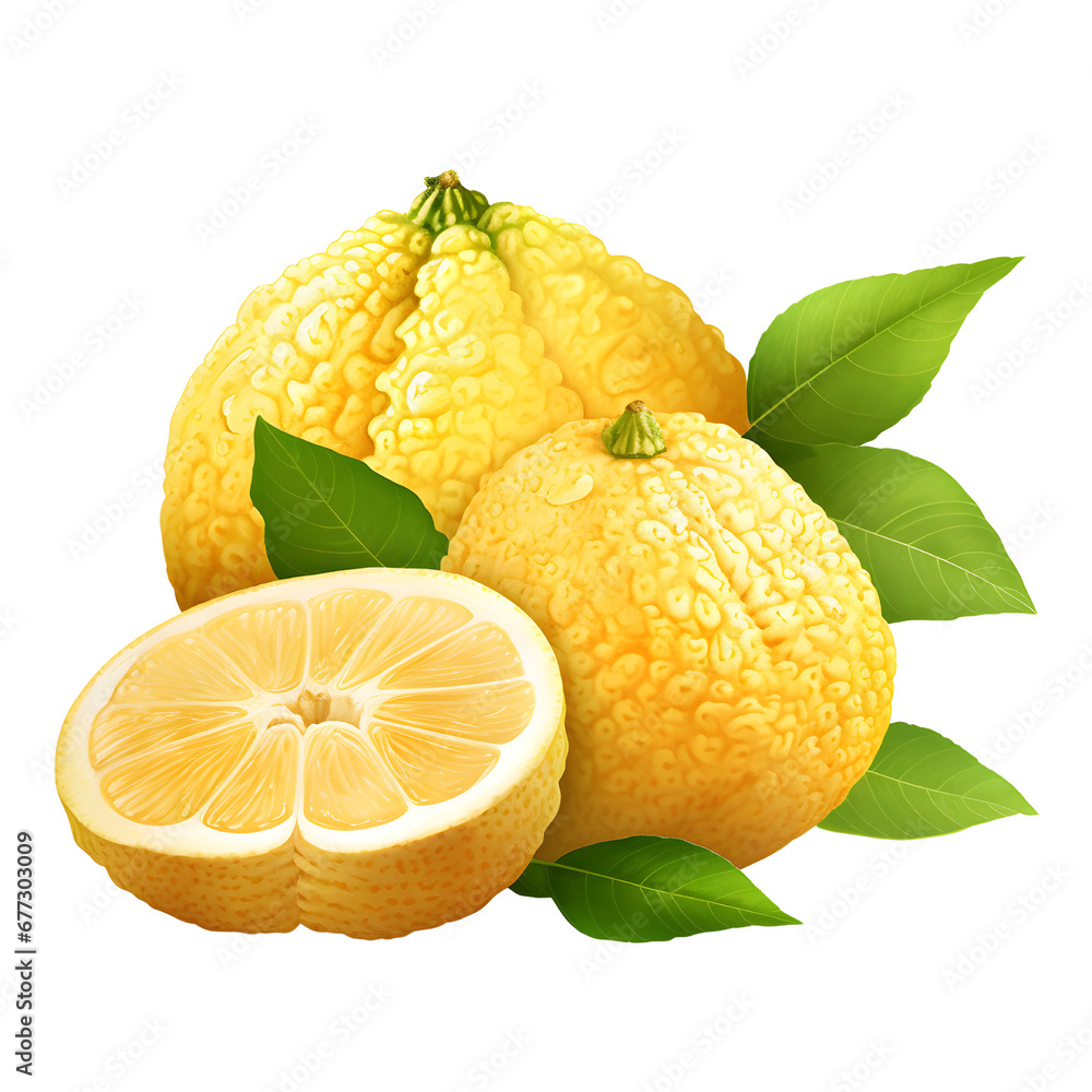 Illustration of a whole and sliced Ugli Fruit (Jamaican tangelo) with a ...