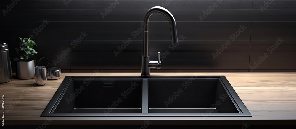 Aerial 3D illustration of a light colored faucet in a kitchen sink with ...