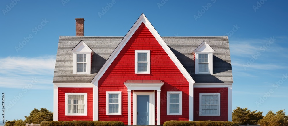 Cape Cod home with 3 dormers red door Copy space image Place for adding ...