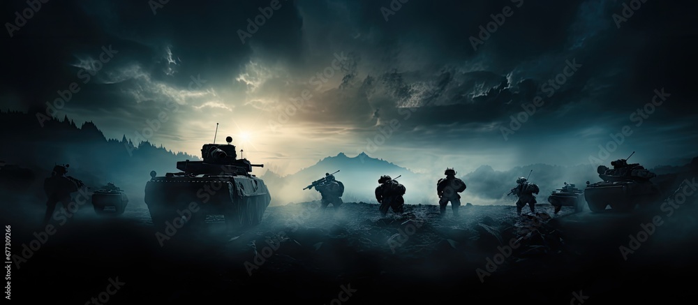 Battle scene depicting soldiers fighting below a foggy sky with an ...