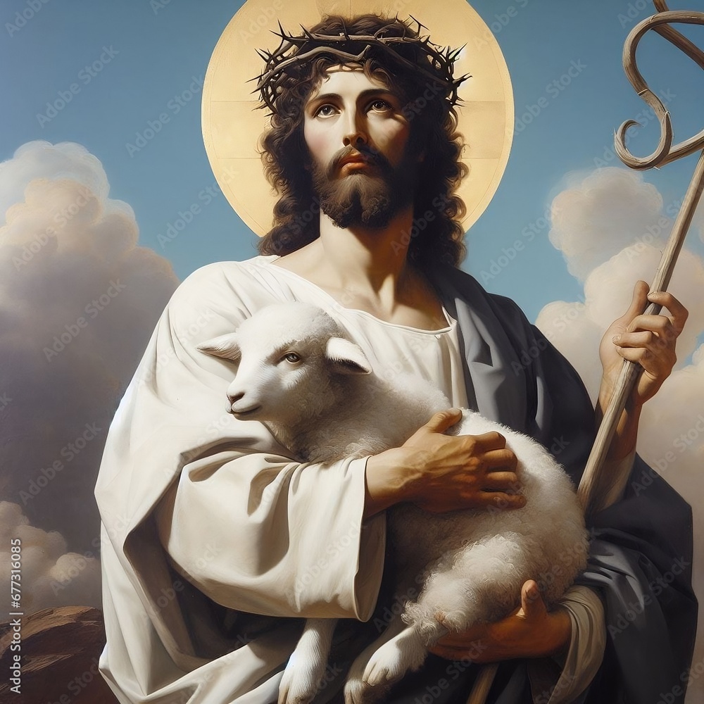 Jesus de Nazaré Segurando uma Ovelha e um Cajado, e a Coroa de Espinhos ...