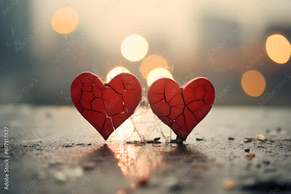 Two broken hearts 3d design, a couple shattered into pieces, isolated ...