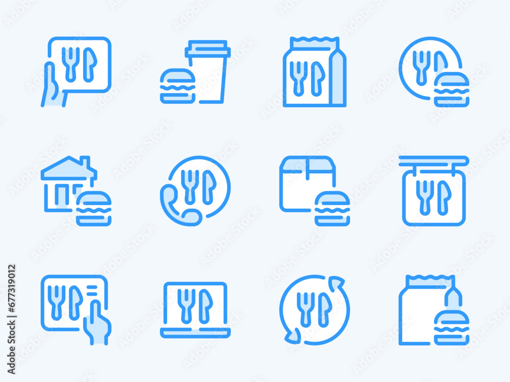 Online Food Order and Food Delivery Service vector line icons. Ordering ...