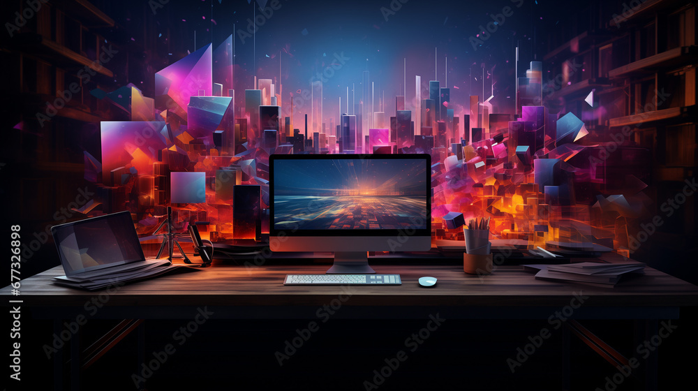 Computer with abstract desktop wallpaper created with Generative AI ...