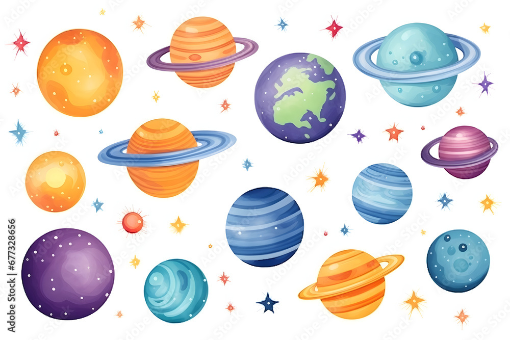 different planets in outer space . A set of colorful cartoon planets in ...