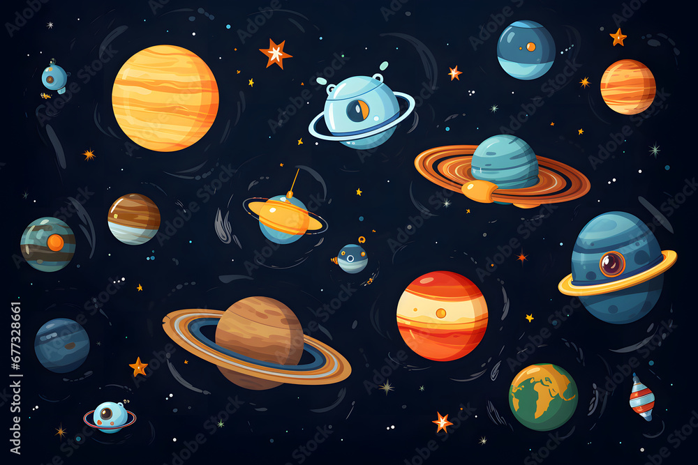 different planets in outer space . A set of colorful cartoon planets in ...