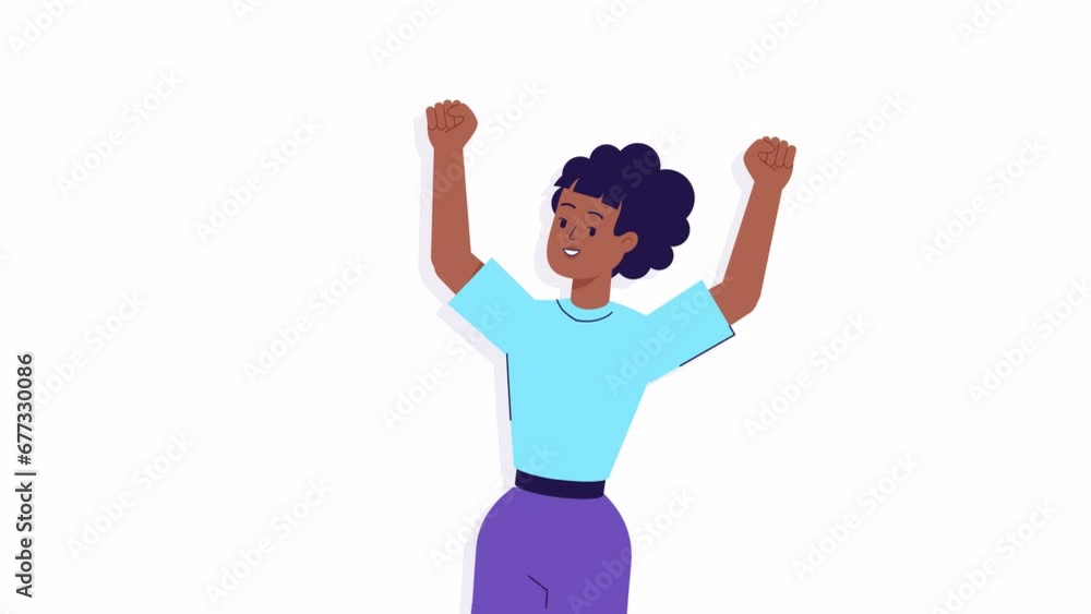 Happy afro girl cheers. Character animation. Bravo, ovation ...