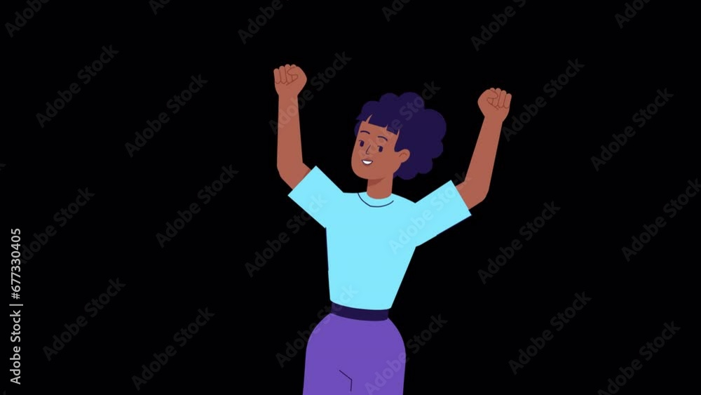Happy afro girl cheers. Character animation with ALPHA channel. Bravo ...