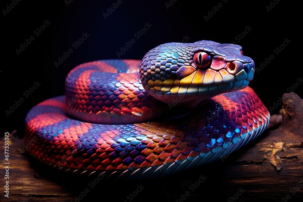 A rainbow boa displaying its iridescent scales under soft lighting ...