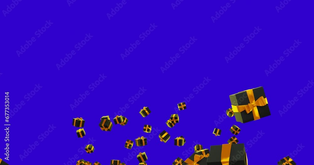 Black and gold gift boxes exploding, flying and falling on green screen ...