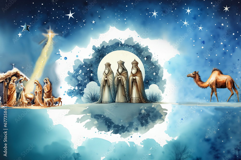 Peinture aquarelle, arrivée des 3 rois mages dans l'étable de Bethléem ...