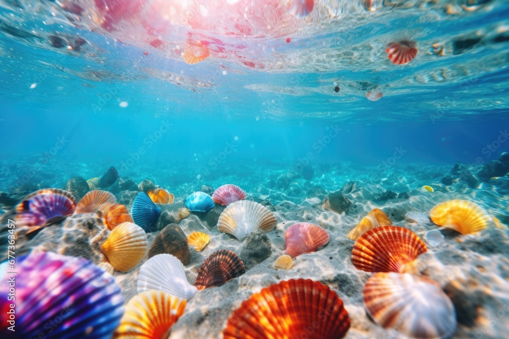 Colorful shells underwater with crystal clear sea water. Seascape ...