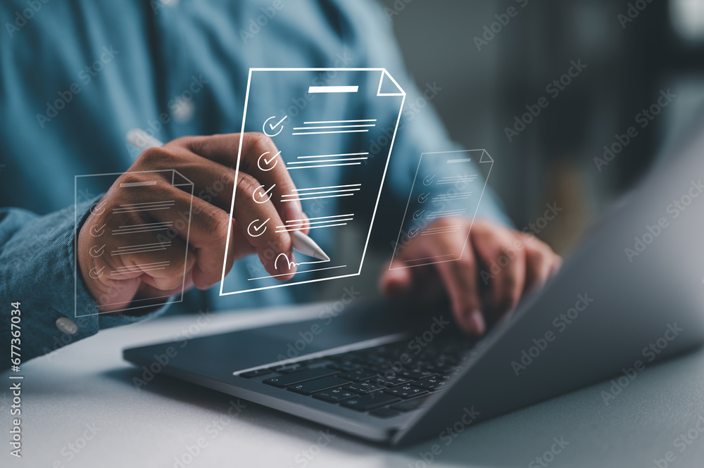 Electronic signature business concept. Businessman signs an electronic ...