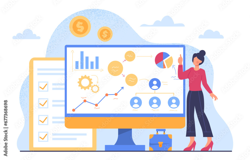 Business plan concept. Woman with infographics and data visualization ...