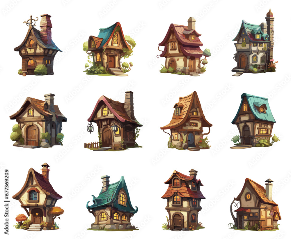 Cartoon wooden and stone cottages. Medieval countryside houses, vintage ...
