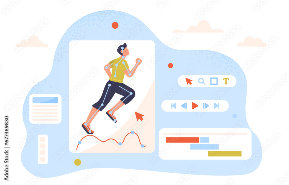 Character animation concept. Man run at photo. Video motion designing ...