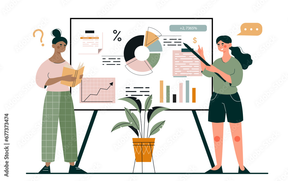 Financial literacy concept. Women with diagrams, business presentation ...