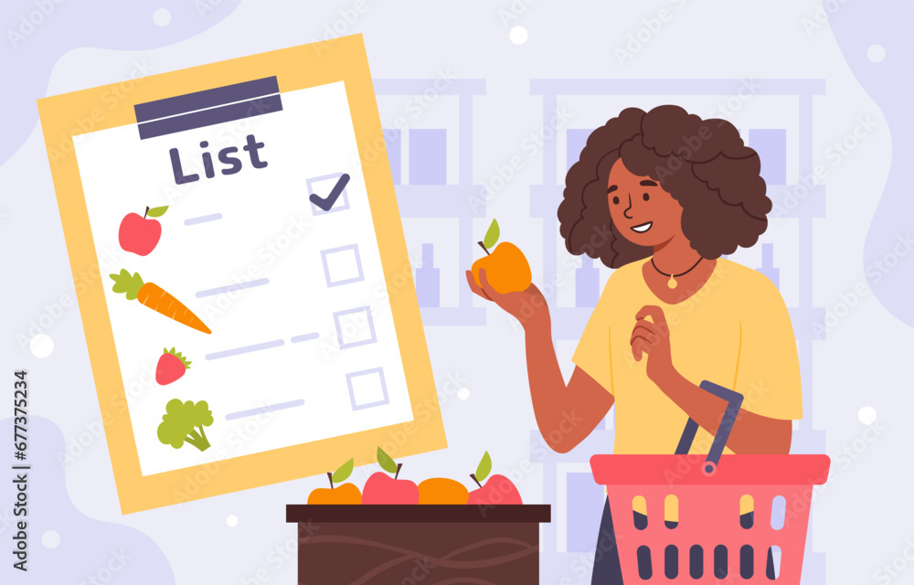 Healthy food list concept. Woman with list of apple, tomato and carrot ...