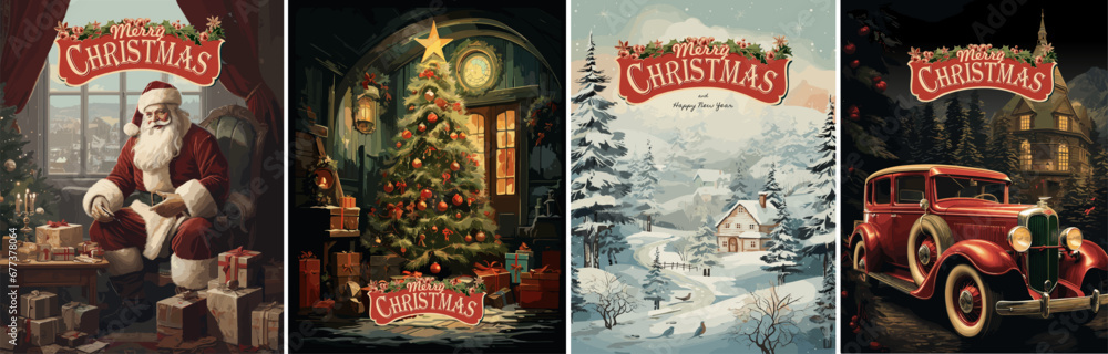 Vintage Christmas and New Year. Vector illustration of Santa Claus ...