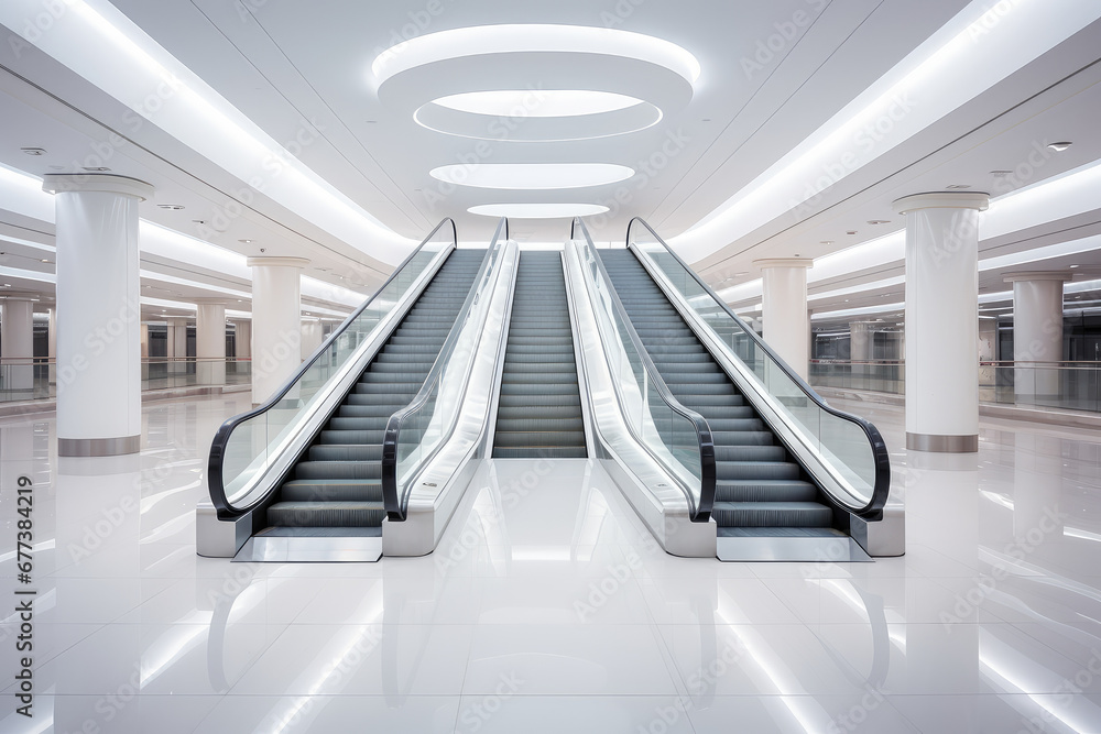 Clean and bright shopping mall interior design, elevators and stairs ...