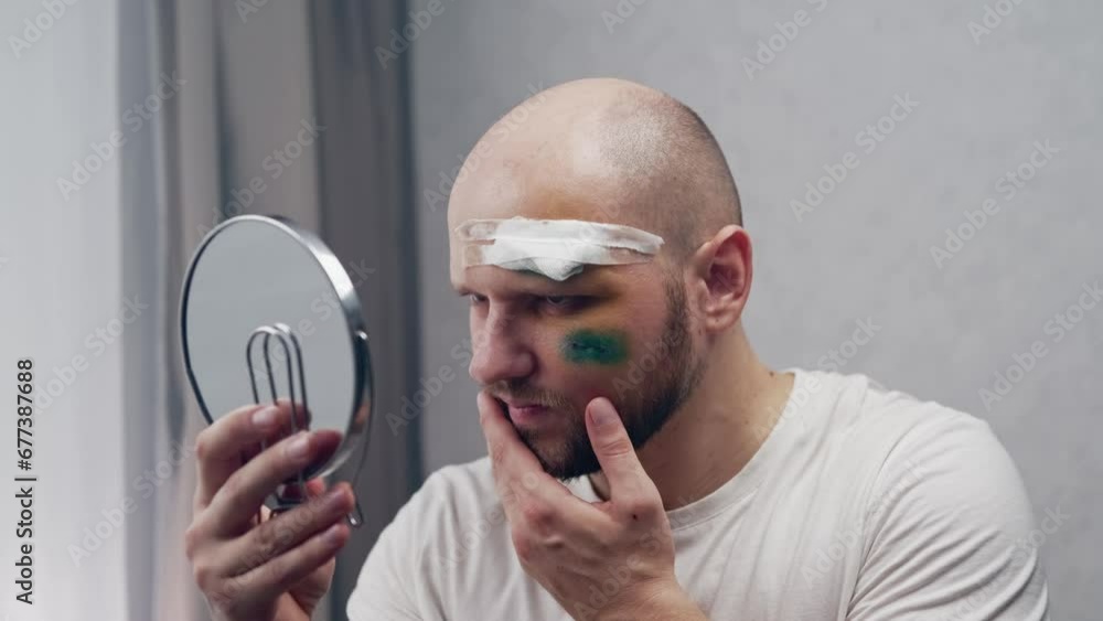 A wounded man with a stitched incision and a medical bandage on his ...