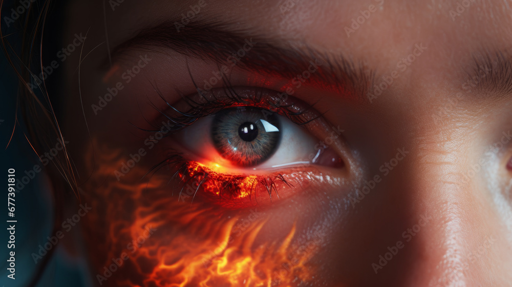 Foto de Macro photo of human eye with fire flames do Stock | Adobe Stock