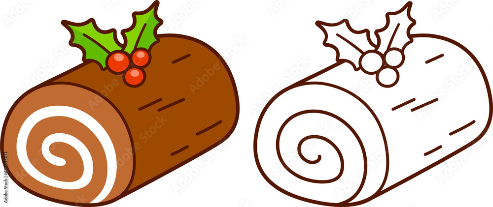 Yule log, traditional Christmas cake. Cartoon drawing, clip art ...