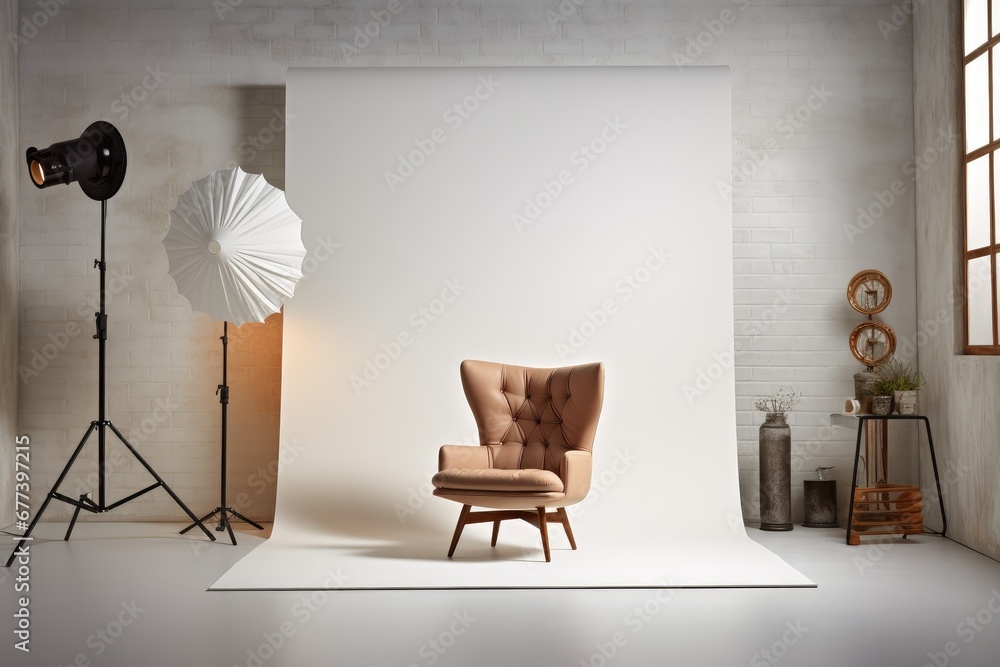 Professional photography studio featuring a pristine white roll-up ...