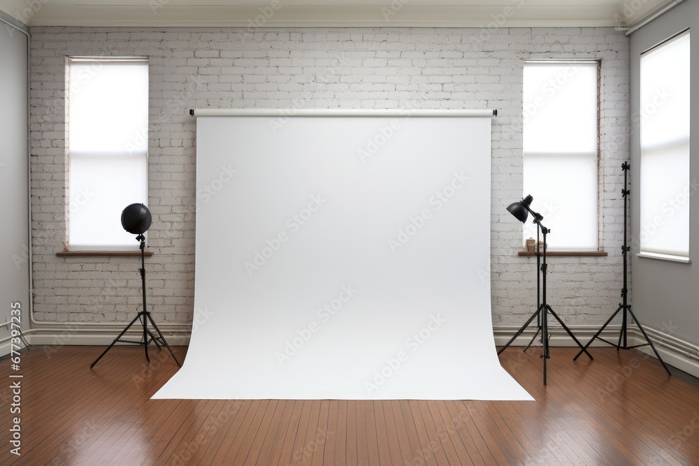 Professional photography studio featuring a pristine white roll-up ...