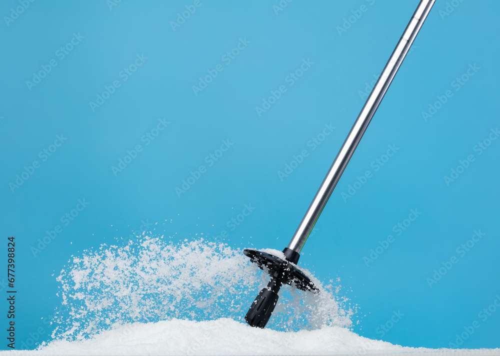 Trekking Poles put on snow ice. Telescopic trekking poles stick device ...