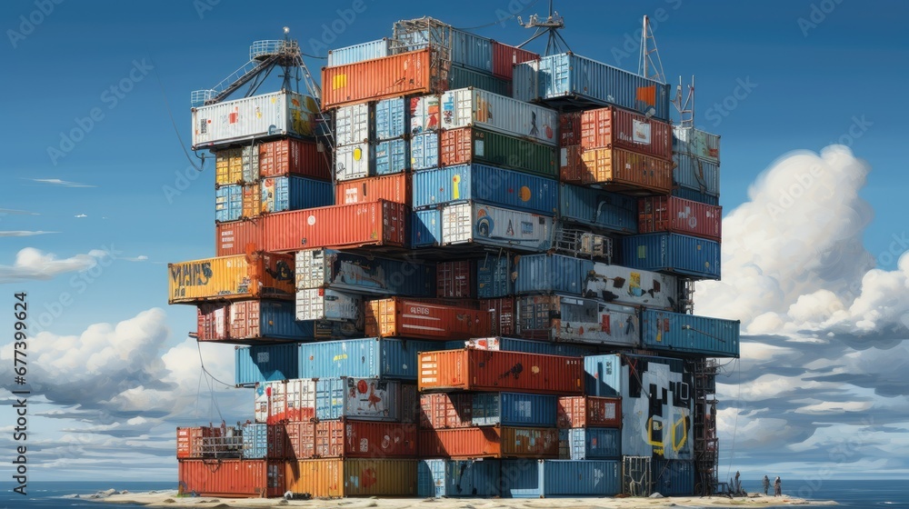 Industrial landscape showcasing a stacked arrangement of shipping ...