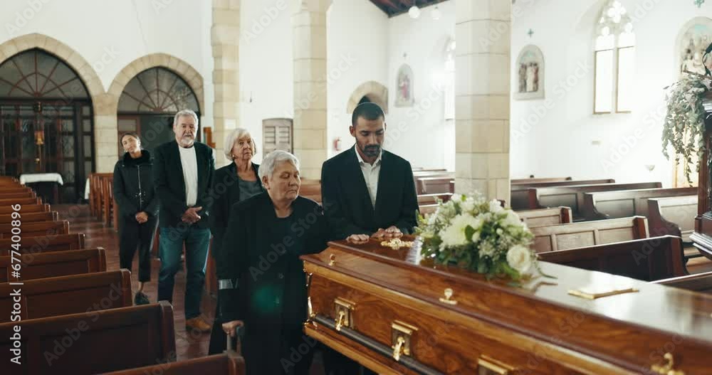 Funeral, church and people with hand on coffin for goodbye, mourning ...